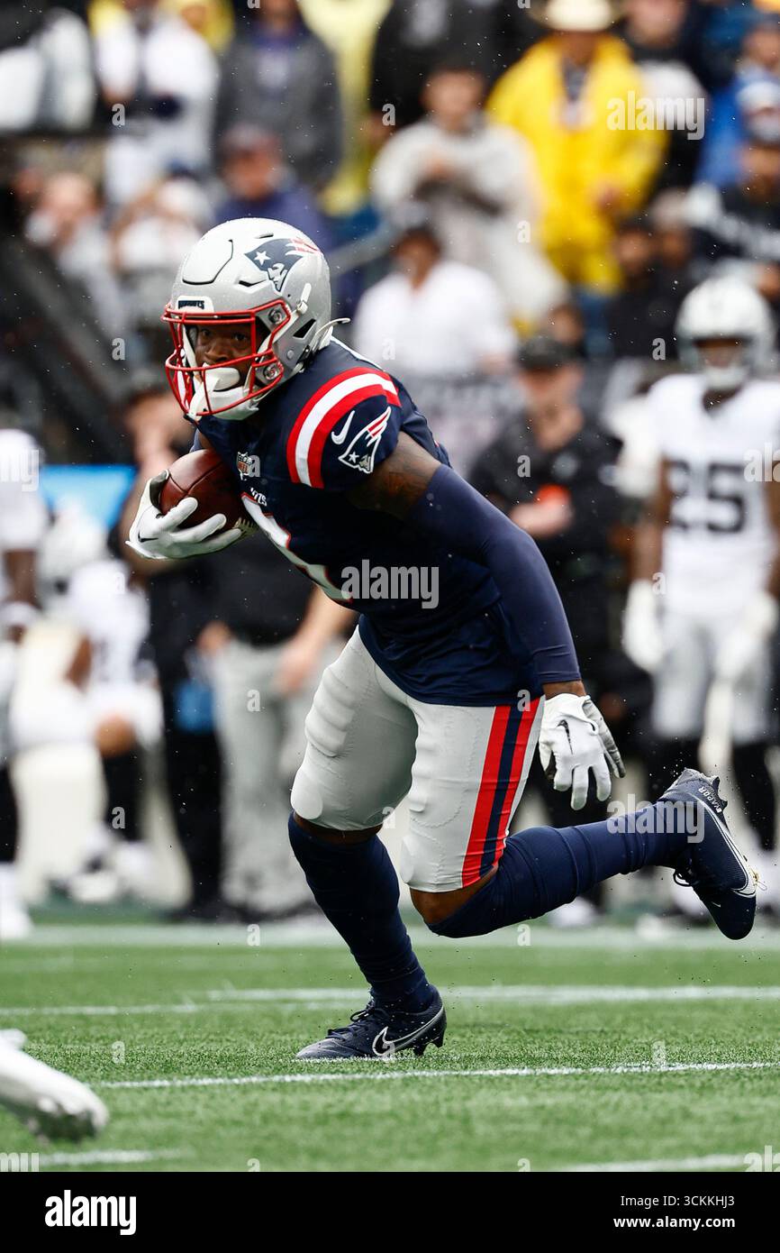 New England Patriots' Kayshon Boutte runs against the Las Vegas Raiders ...