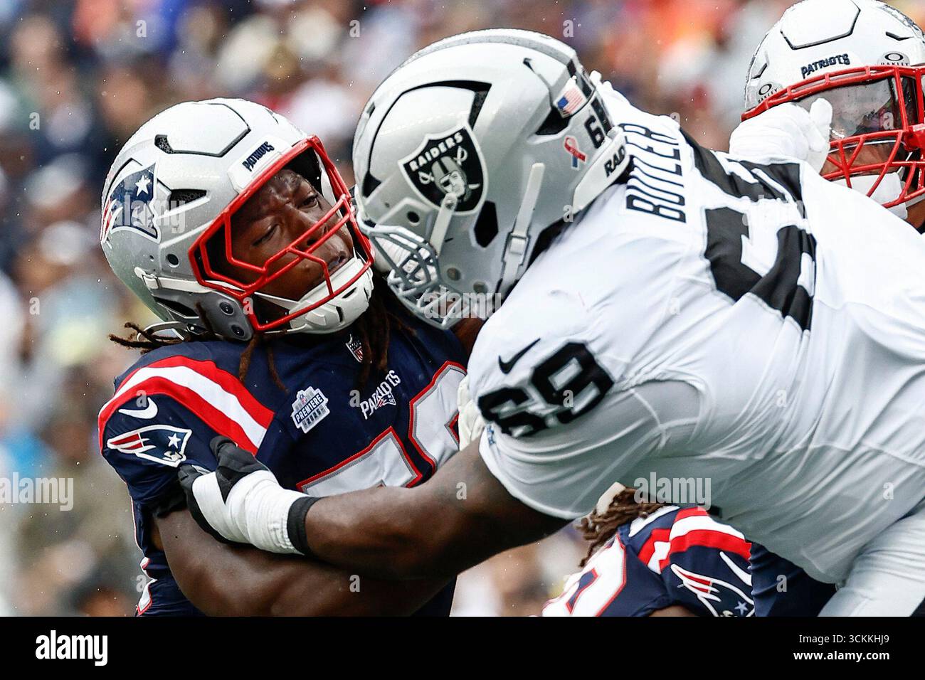 New England Patriots center Jared Wilson blocks against the Las Vegas ...