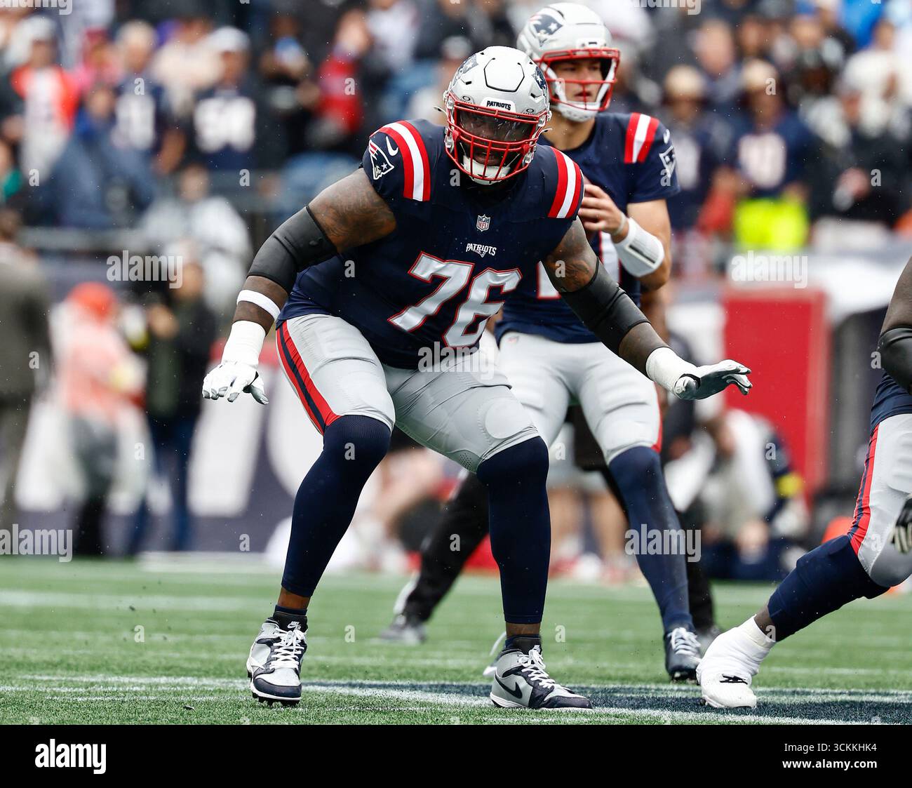 New England Patriots' Morgan Moses looks to block against the Las Vegas ...