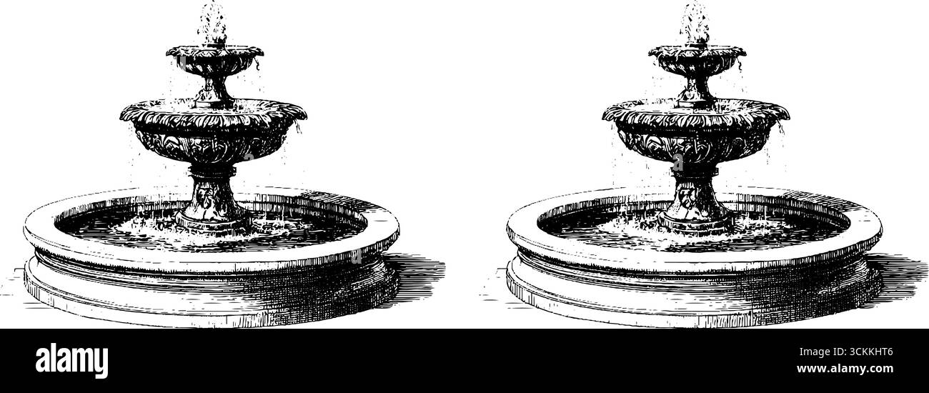 Engraved fountain illustration set featuring classic water features for ...