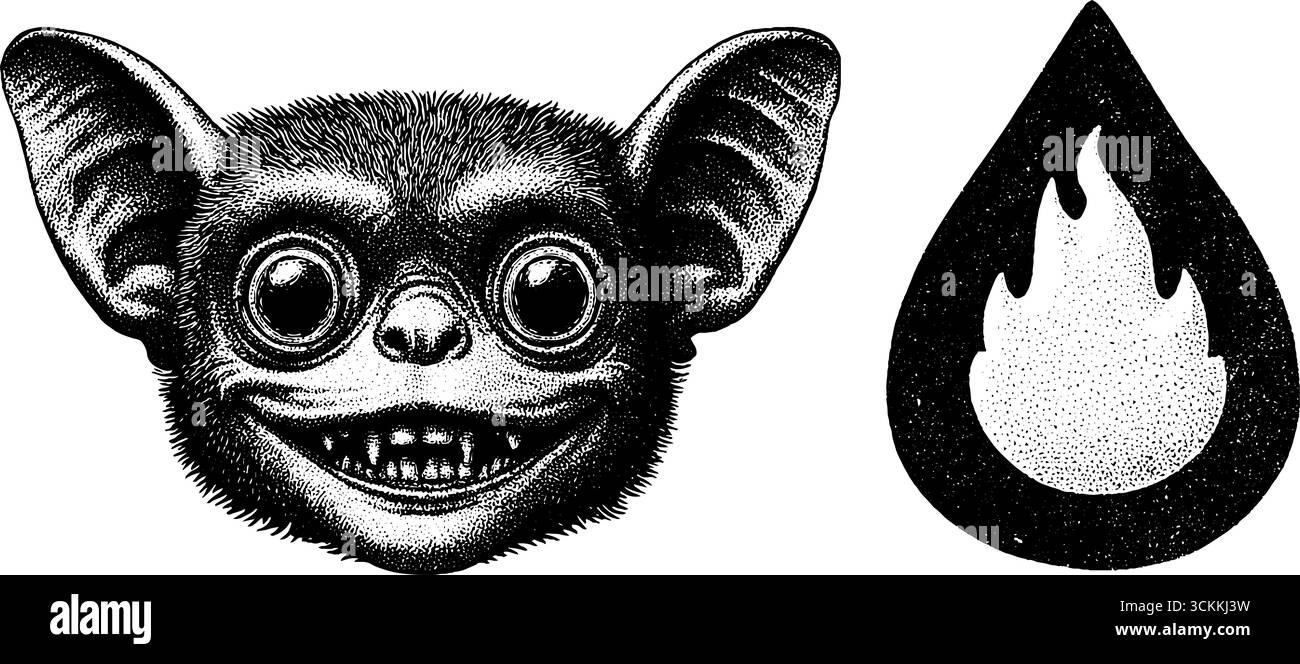Engraved illustration of mischievous imp and flame symbol for design ...