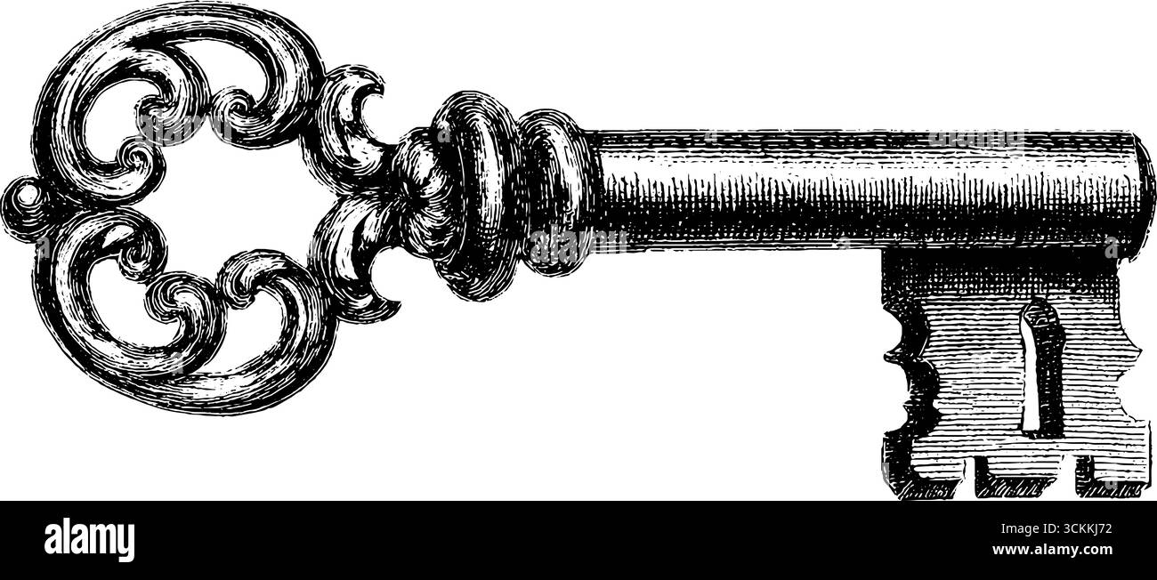 Intricate engraved illustration of vintage antique key with ornate ...