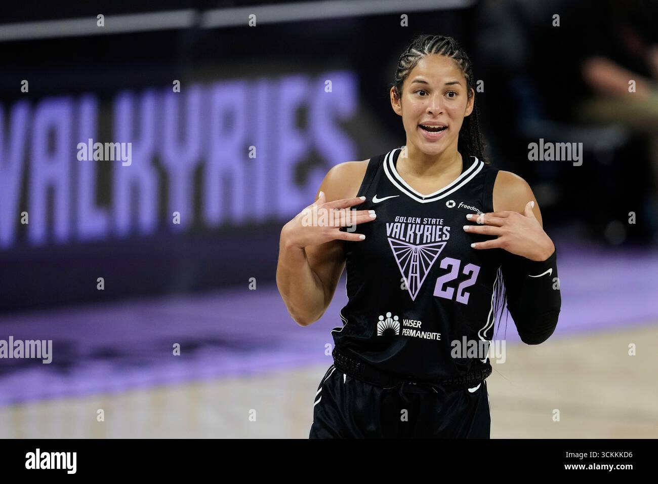 FILE - Golden State Valkyries guard Veronica Burton reacts during the ...