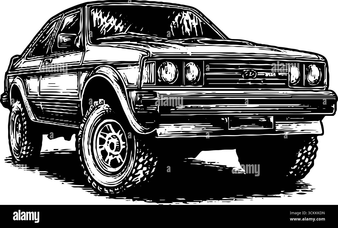 Engraved illustration of classic rally racing car for automotive design ...