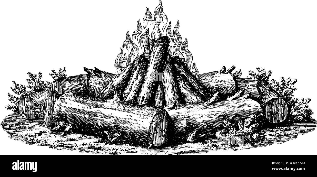 Vintage hand drawn engraving of a crackling campfire for retro design ...