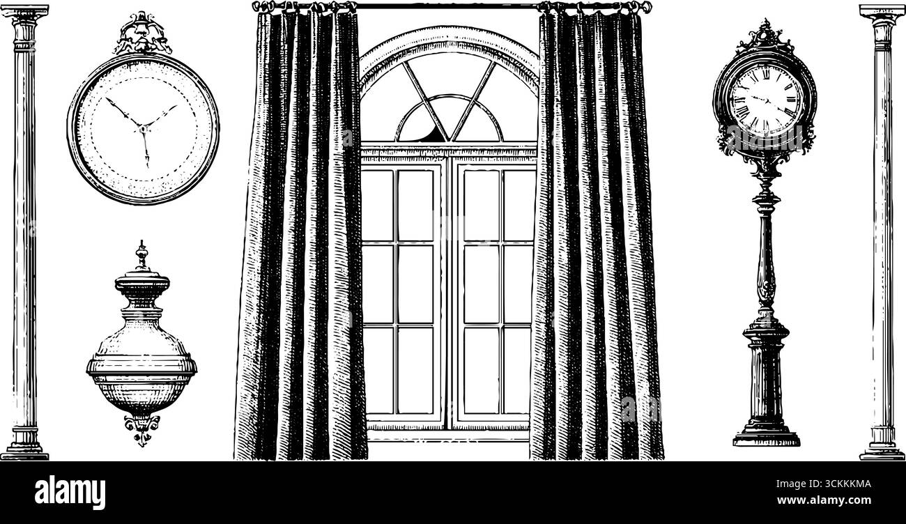 Antique engraved window and curtain designs for vintage interiors Stock ...