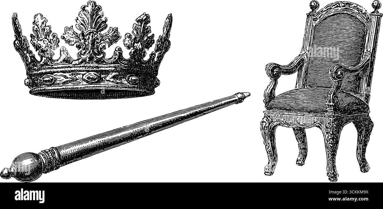 Royal symbols illustration featuring crown, scepter, and throne for ...