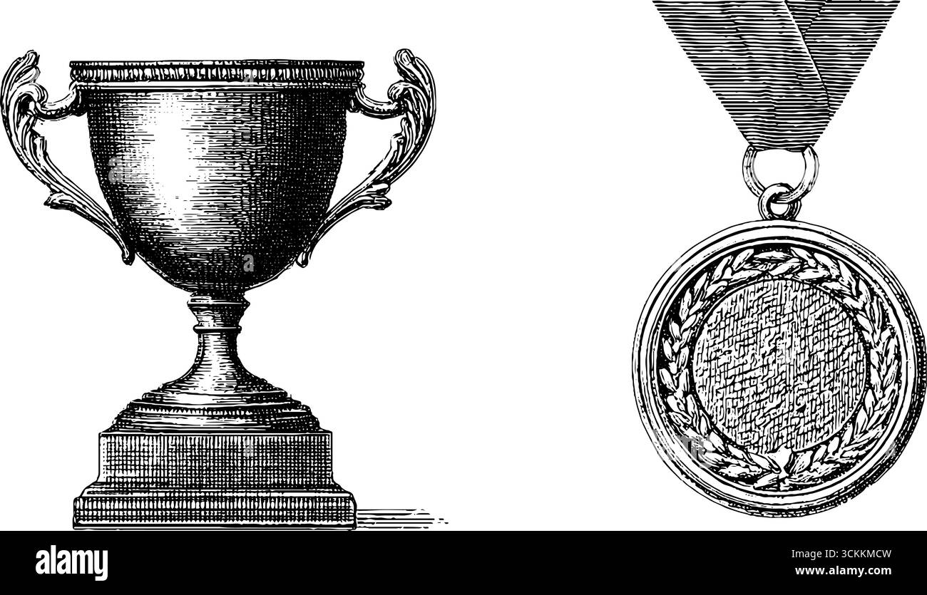 Vintage engraved trophy and medal illustration for awards and ...