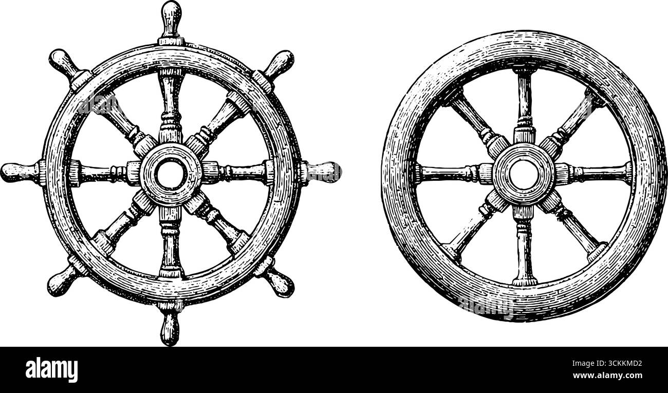 Vintage maritime engraving of ship steering wheels - nautical design ...