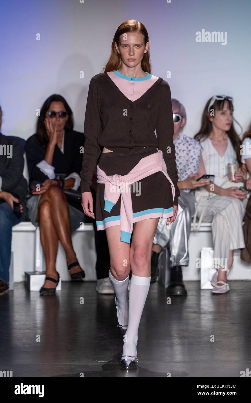 A model is seen on the catwalk at the Kate Barton fashion show during ...