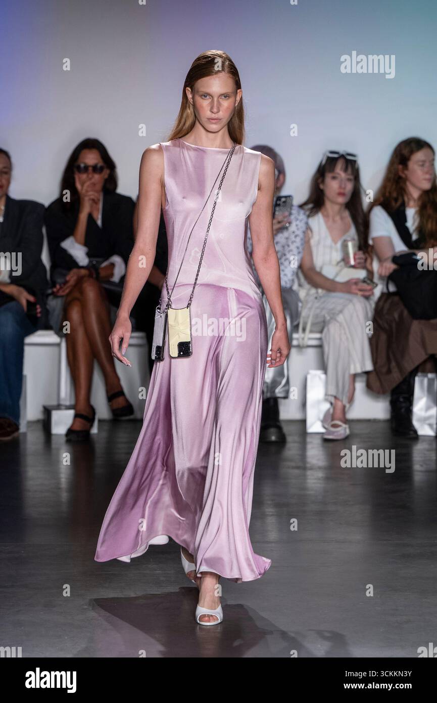 A model is seen on the catwalk at the Kate Barton fashion show during ...
