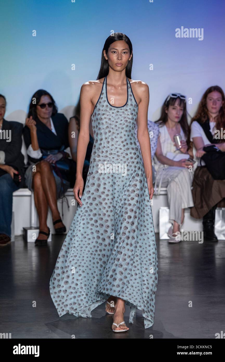 A model is seen on the catwalk at the Kate Barton fashion show during ...
