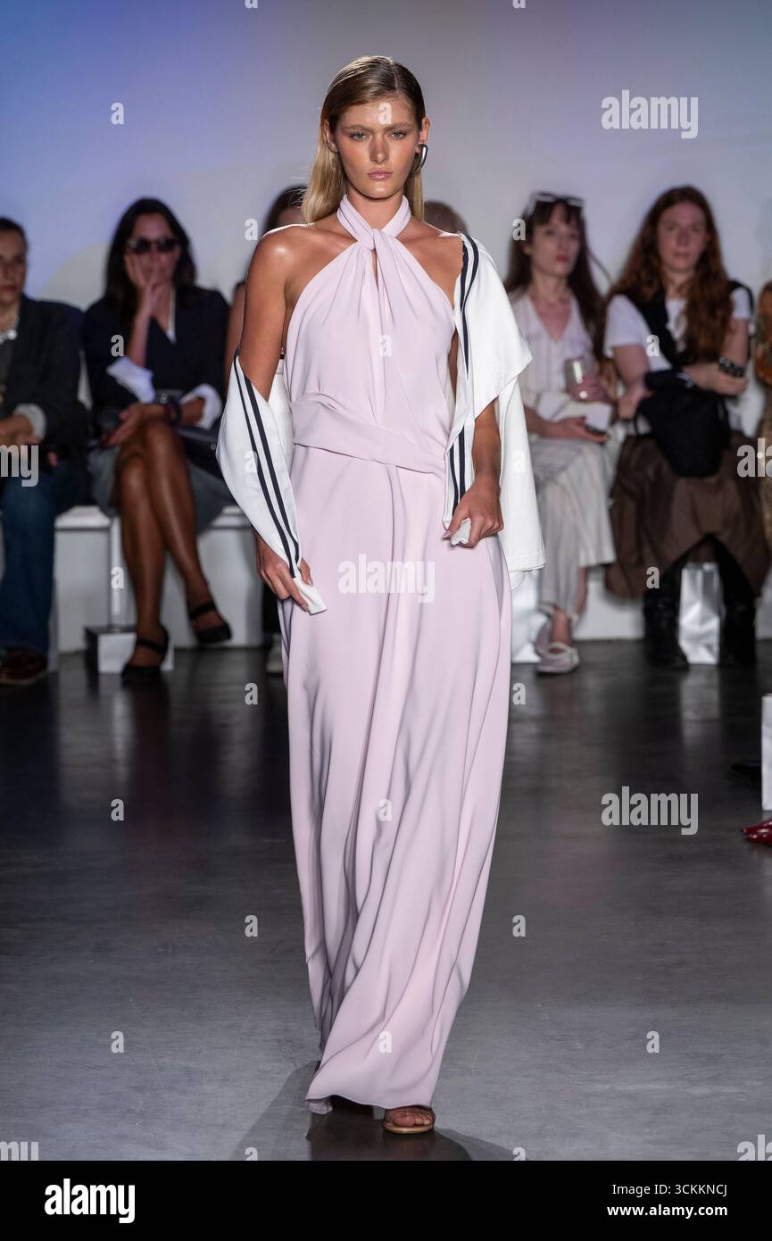 A model is seen on the catwalk at the Kate Barton fashion show during ...