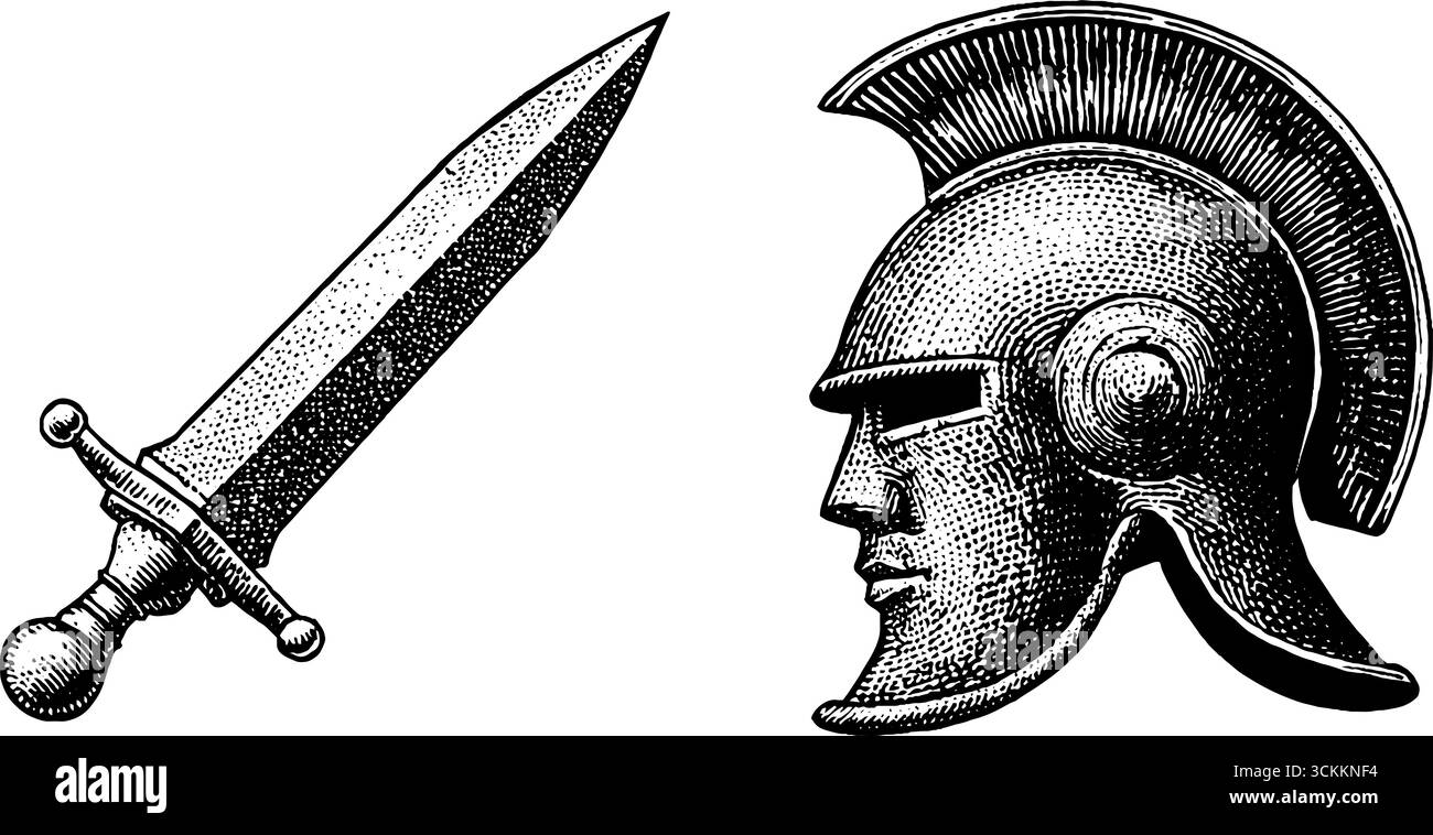 Engraved knight helmet and sword illustration for historical design and ...