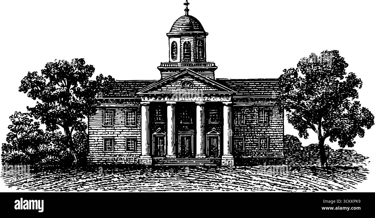 Colonial courthouse engraving for historical architecture design and ...