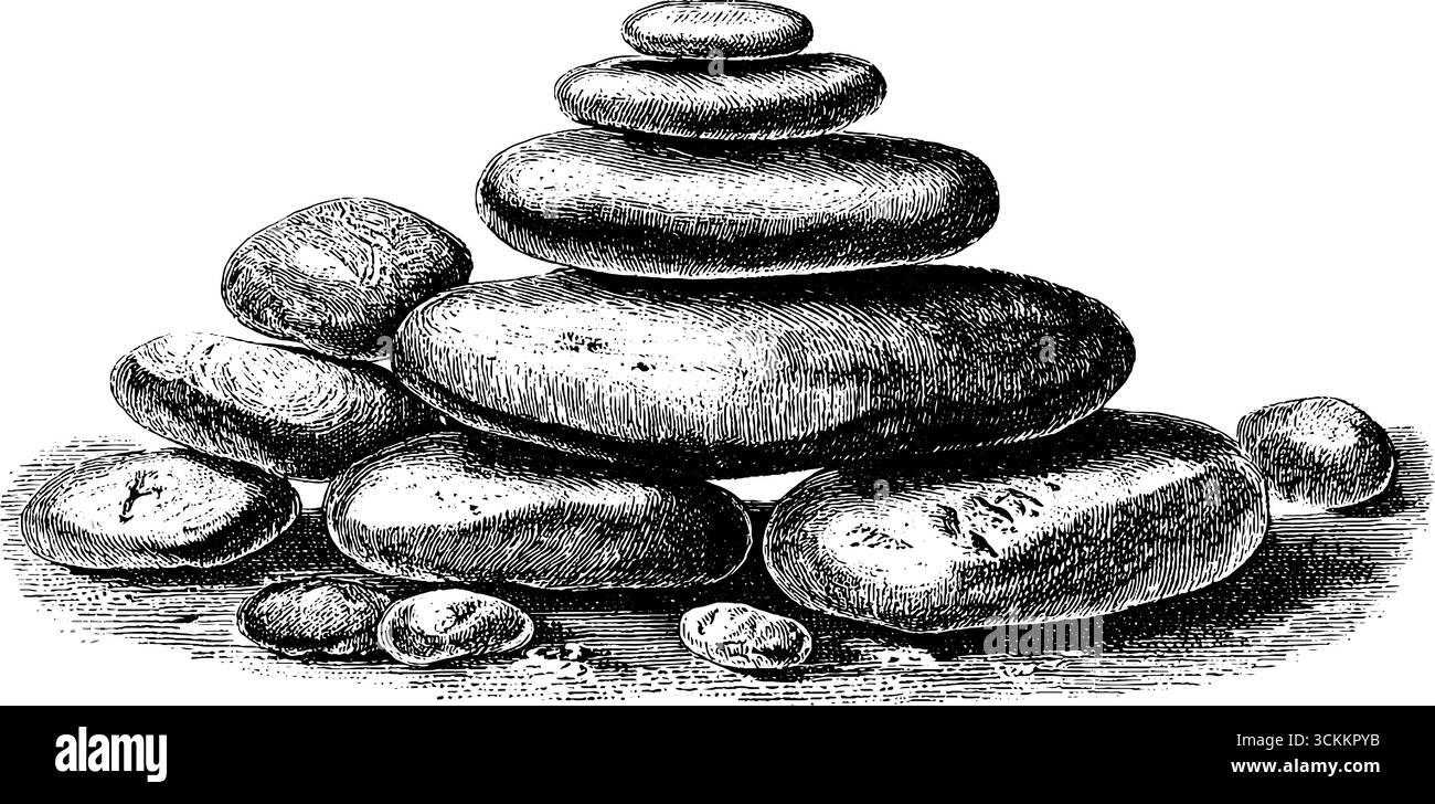 Engraved illustration of balanced pebble stack for zen and harmony ...