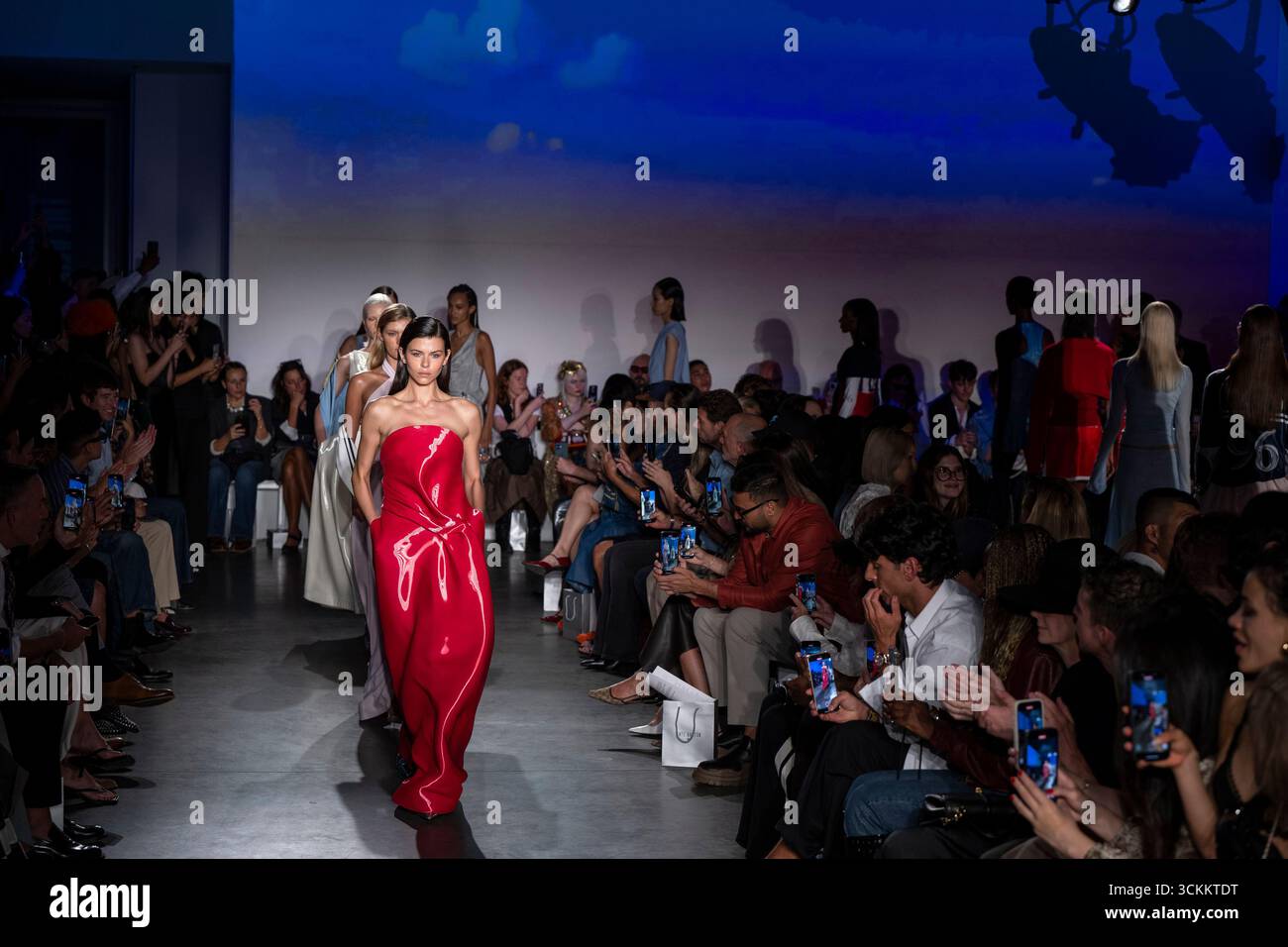 A model is seen on the catwalk at the Kate Barton fashion show during ...