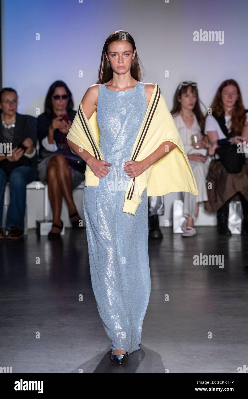 A model is seen on the catwalk at the Kate Barton fashion show during ...