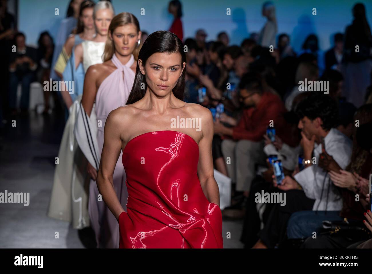 A model is seen on the catwalk at the Kate Barton fashion show during ...