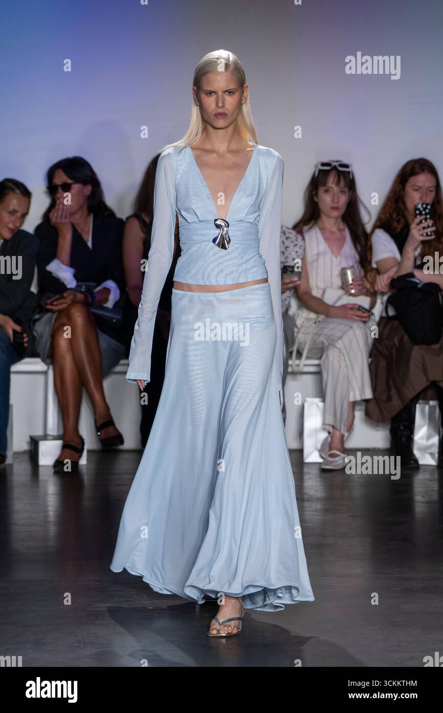 A model is seen on the catwalk at the Kate Barton fashion show during ...