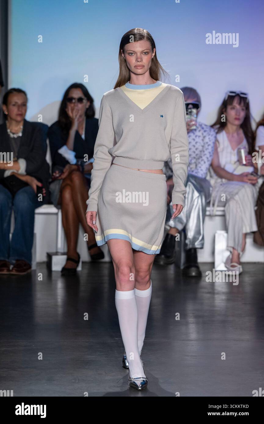 A model is seen on the catwalk at the Kate Barton fashion show during ...