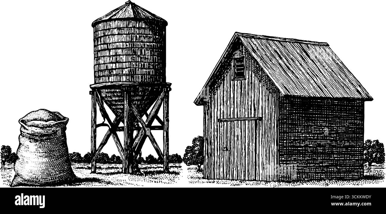 Rustic farm scene with engraved silo, grain sack, and barn for ...