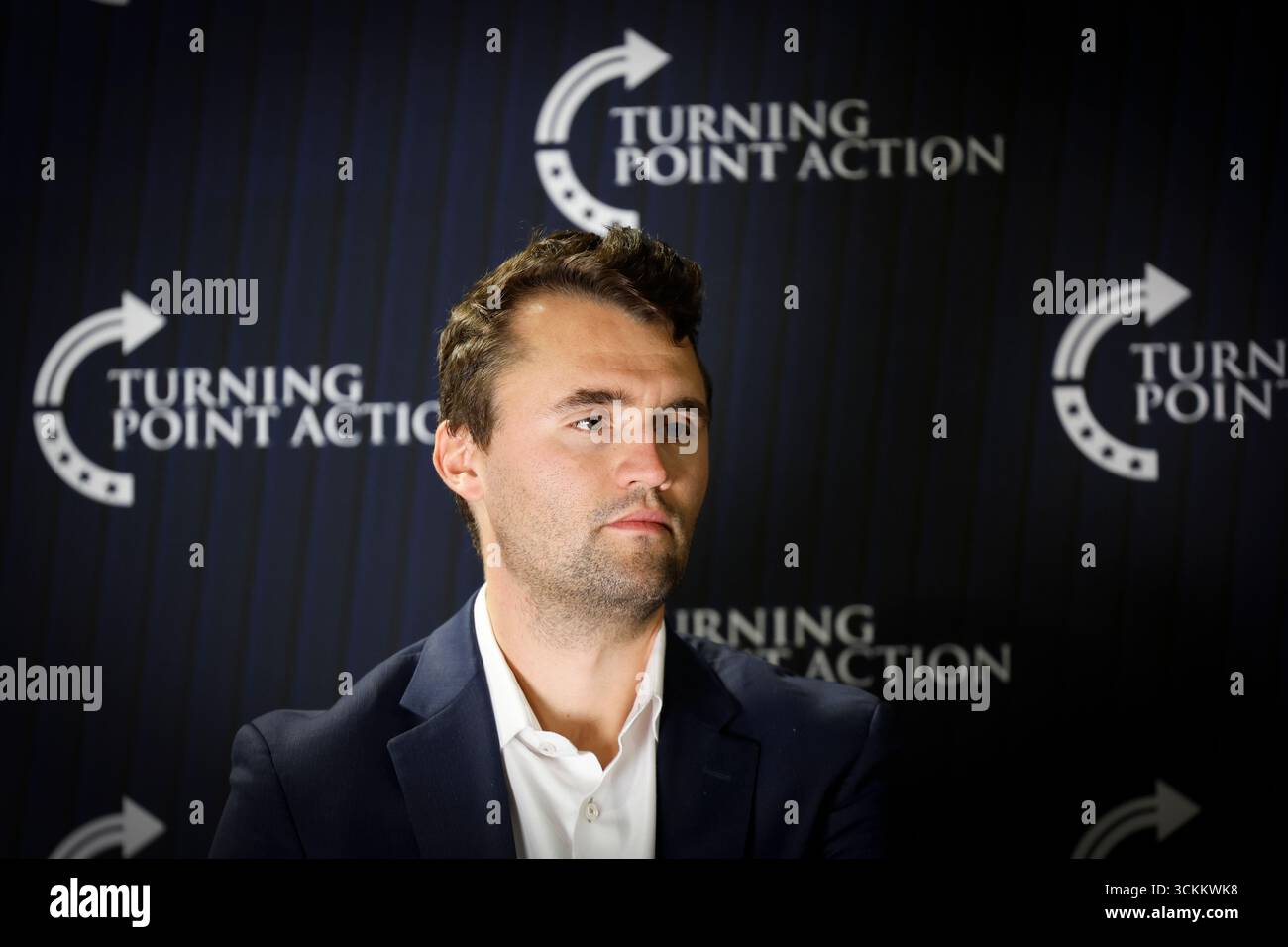 Conservative political activist Charlie Kirk takes part in a town hall ...