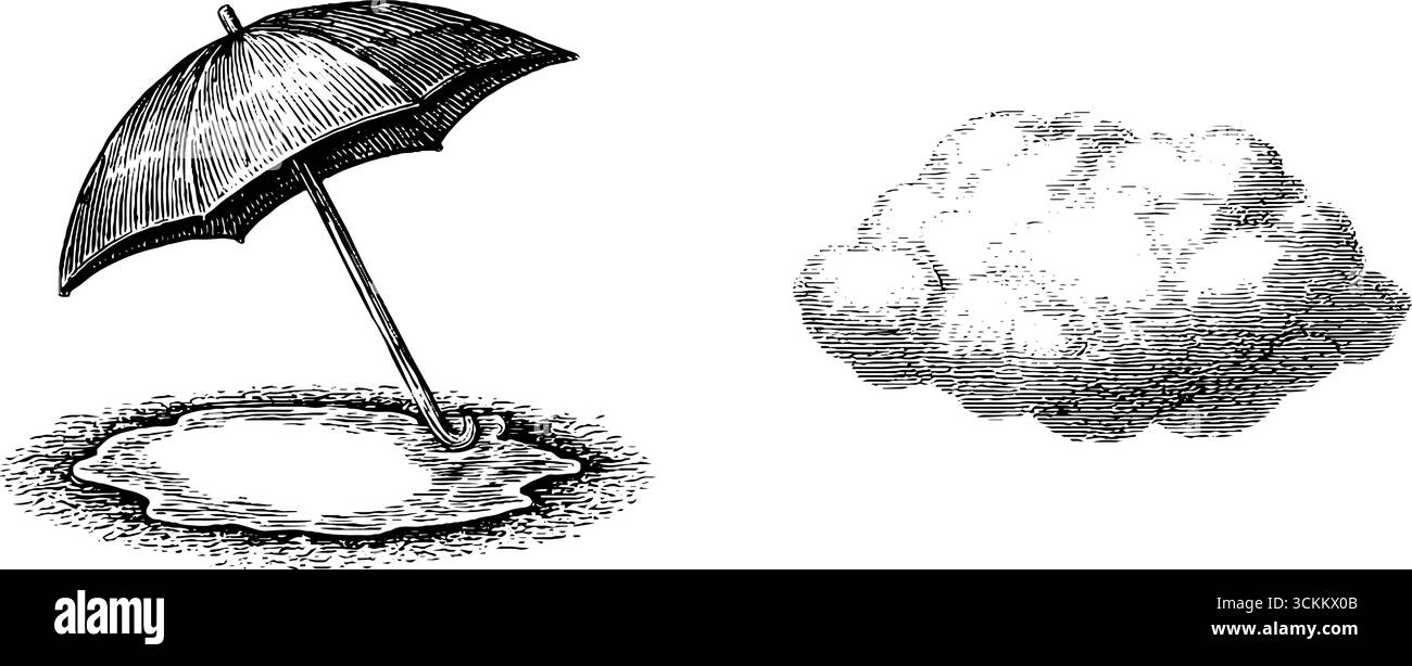 Vintage engraved illustration set featuring umbrella and rain cloud for ...