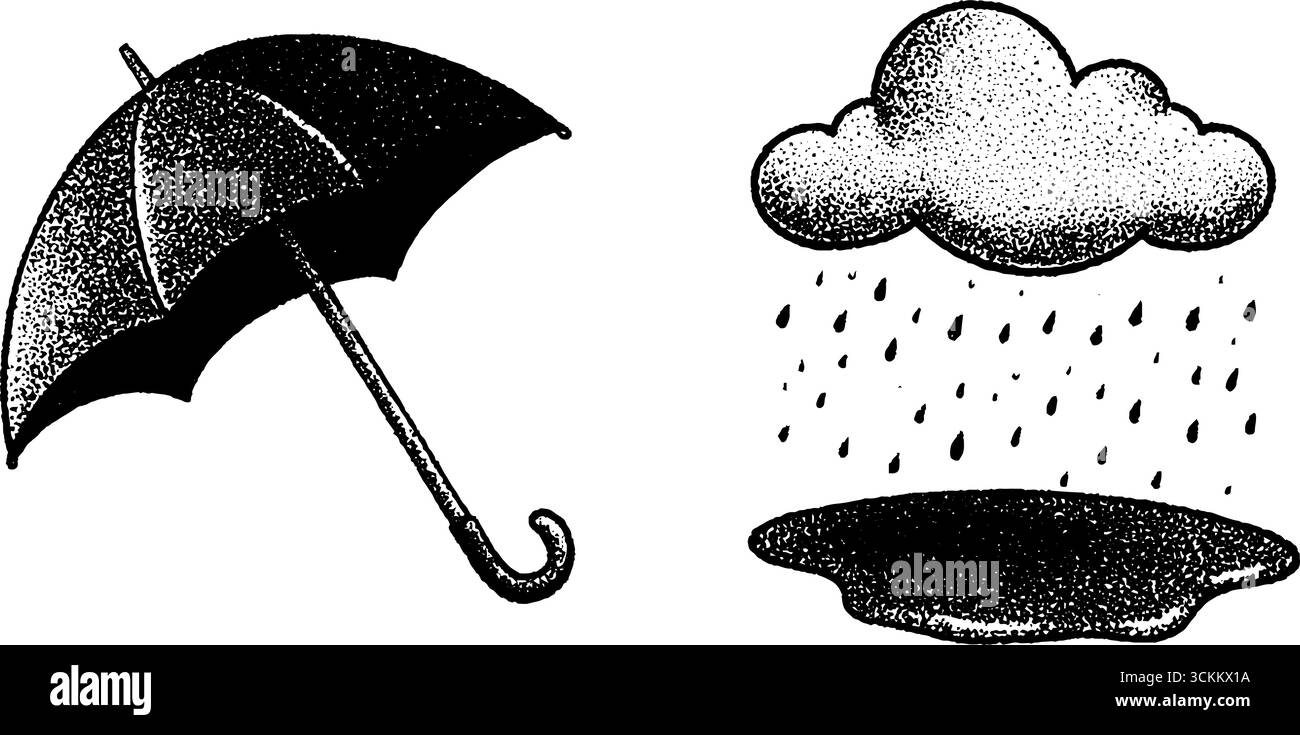 Vintage engraved illustration of umbrella and rain cloud with raindrops ...