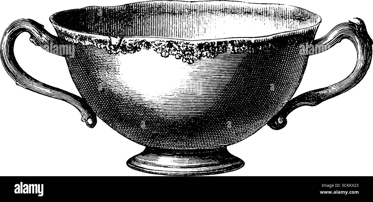 Vintage engraved illustration of chipped antique cup with handles ...