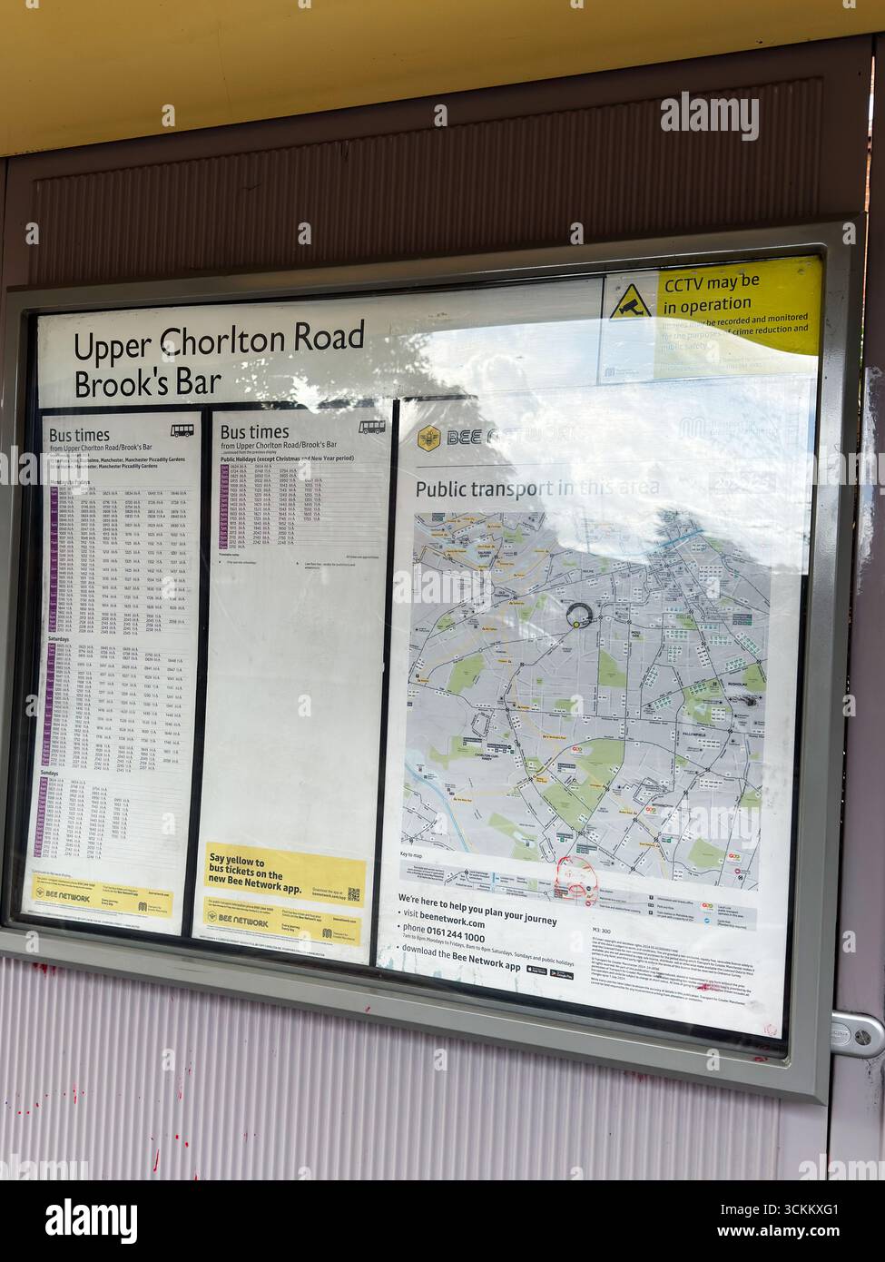 Manchester, UK - September 11, 2025: The displayed bus schedules and ...