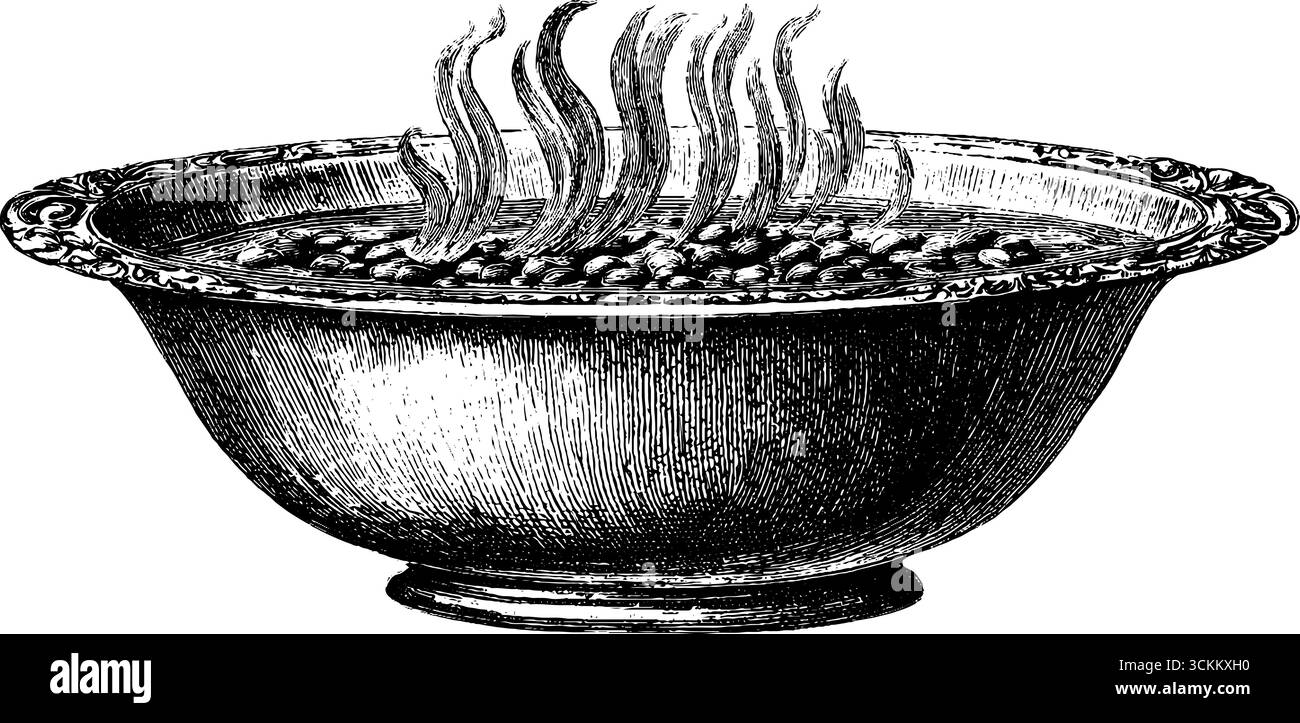 Vintage hand drawn engraving of steaming bowl of lentil stew - retro ...