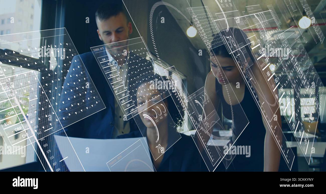 Collaborating colleagues examining printed hi-res stock photography and ...