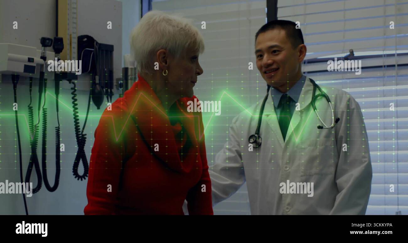 Doctor in white coat and patient conversing in exam room, with ...