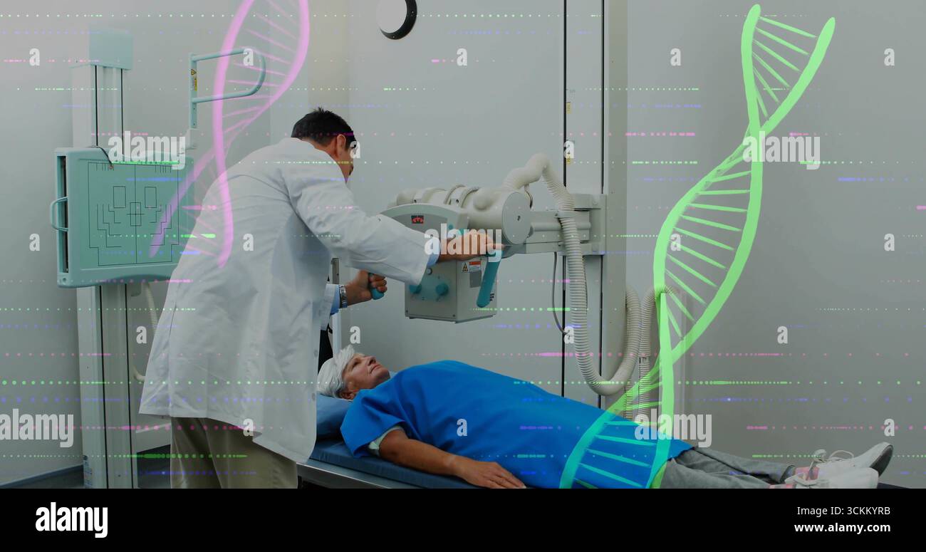 Physician in lab coat adjusting X-ray tube above patient at radiology ...