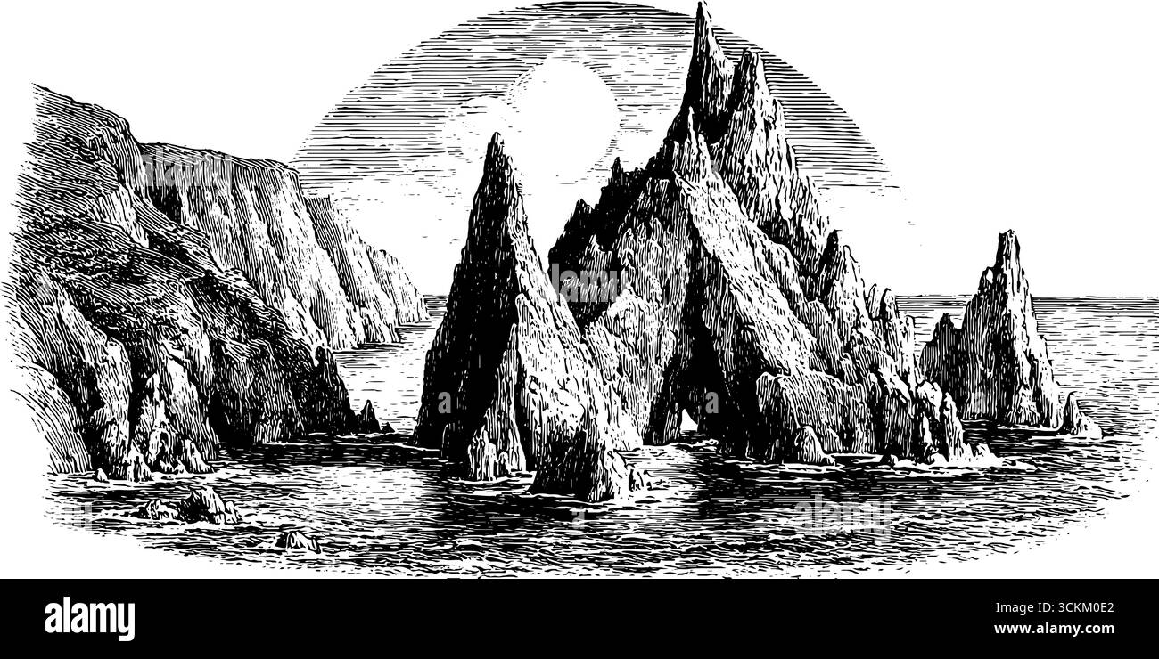 Coastal landscape engraving in ink depicting majestic cliffside Stock ...
