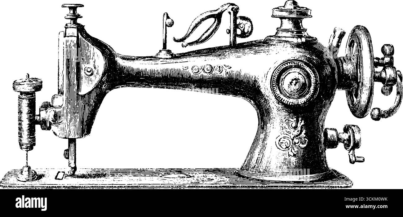 Vintage hand crank sewing machine engraving for retro design and craft ...