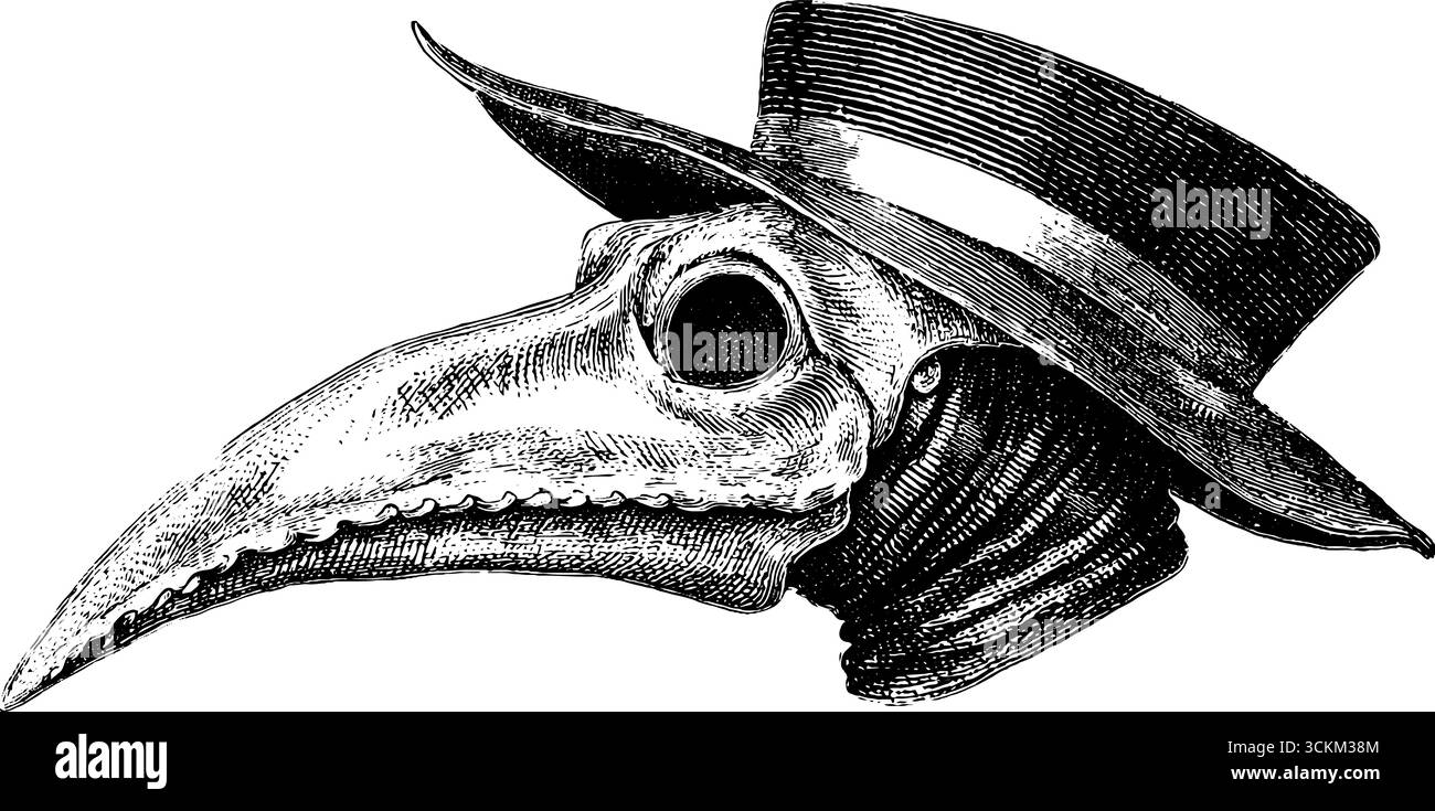 Vintage engraved plague doctor mask illustration for historical design ...