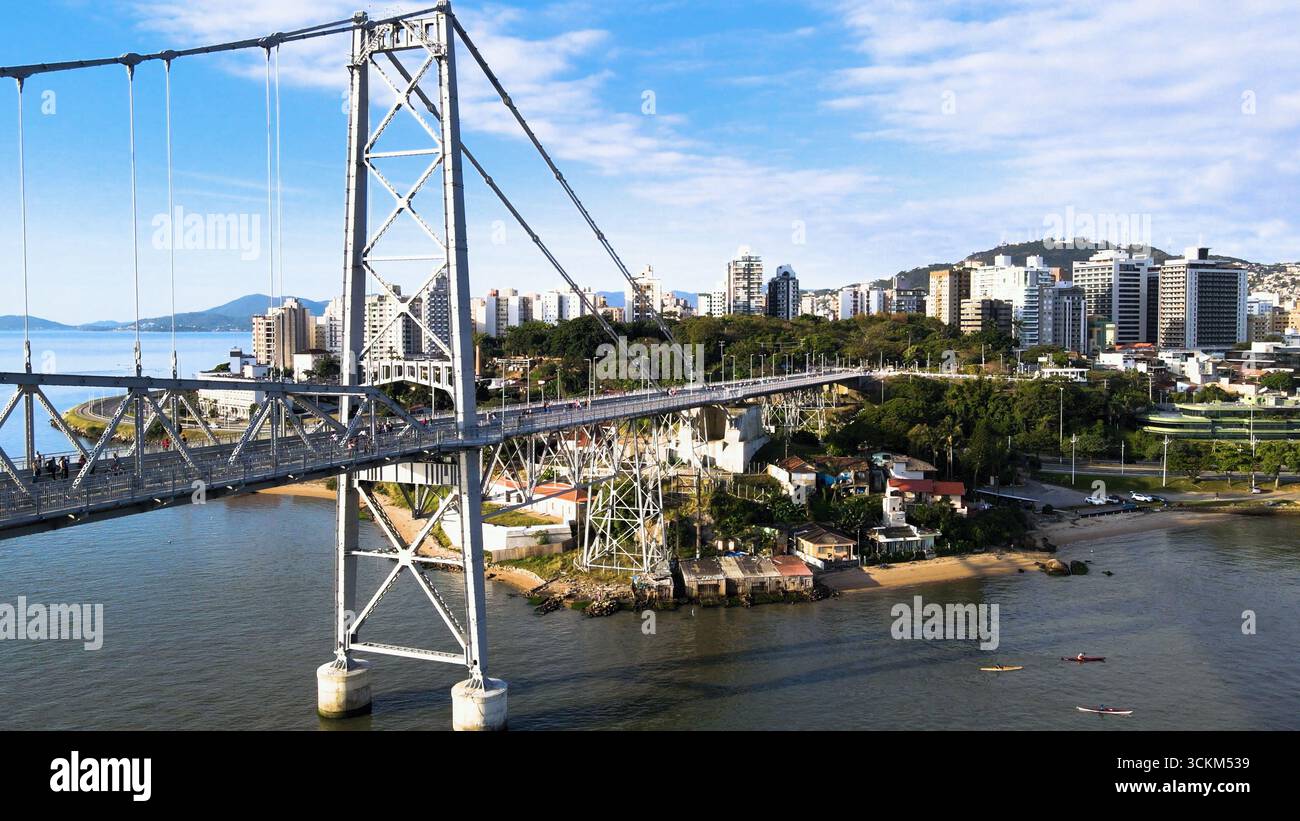 Aerial view of the Hercílio Luz steel suspension bridge and downtown ...