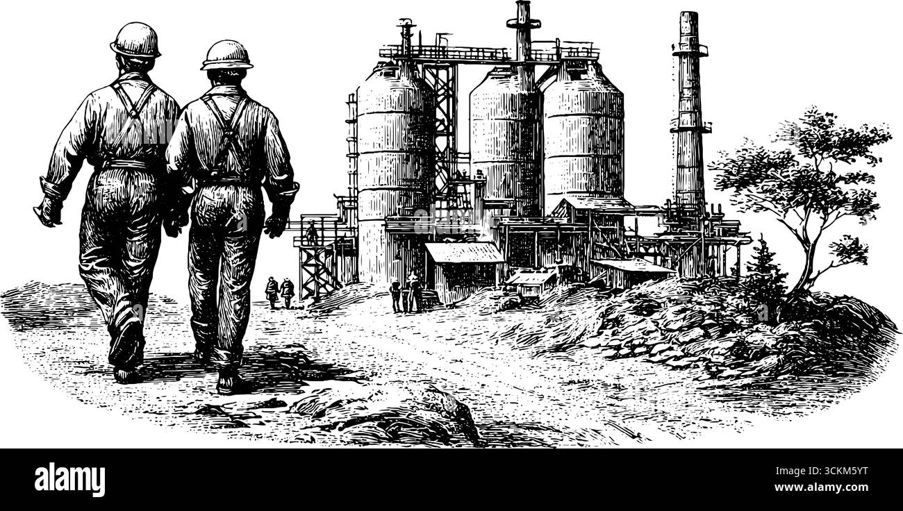 Industrial workers near blast furnace engraving - vintage illustration ...