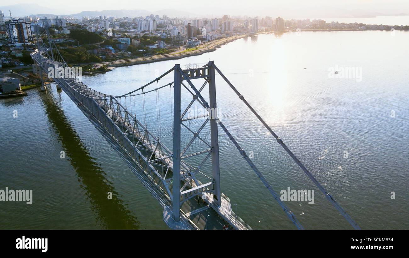Panoramic aerial view of the Hercilio Luz Bridge and the central region ...