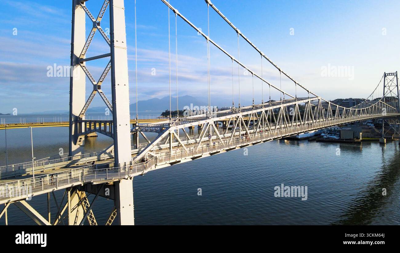 Aerial view of the Hercílio Luz Bridge, Pedro Ivo Campos, and Colombo ...