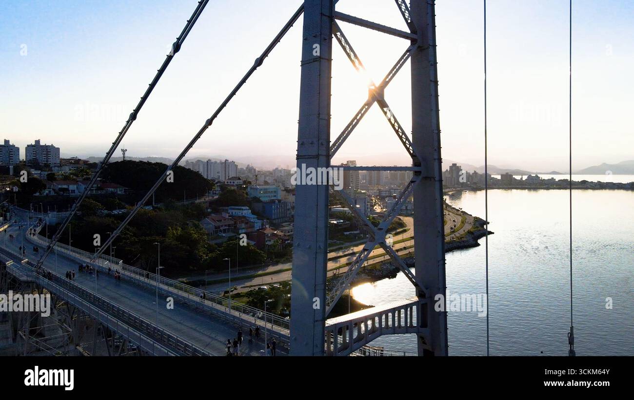Magnificent aerial view of the Hercílio Luz suspension bridge in ...