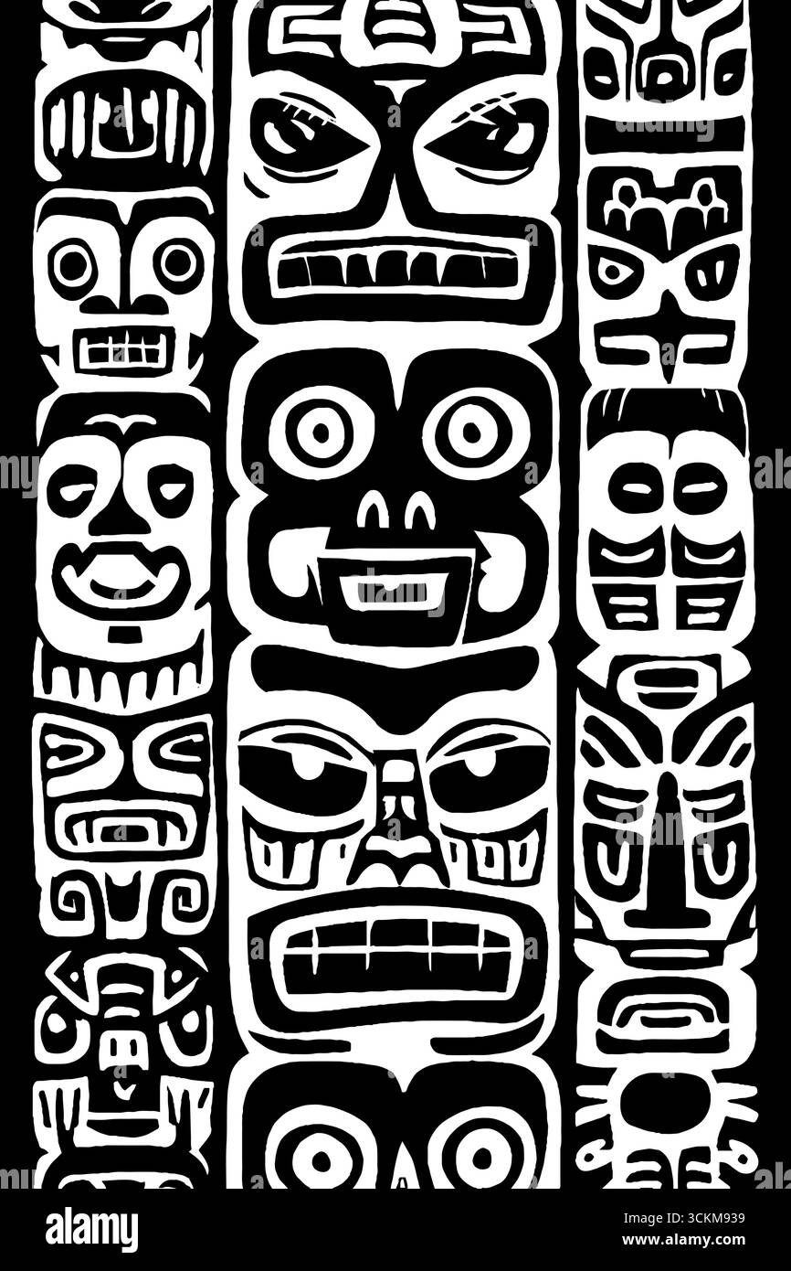Abstract totemic faces border design for cultural heritage projects ...