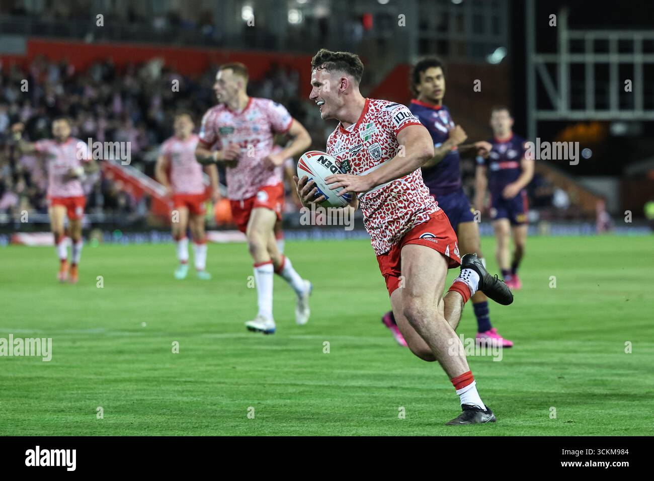 Andrew Badrock of Leigh Leopards goes over for a try during the Betfred ...