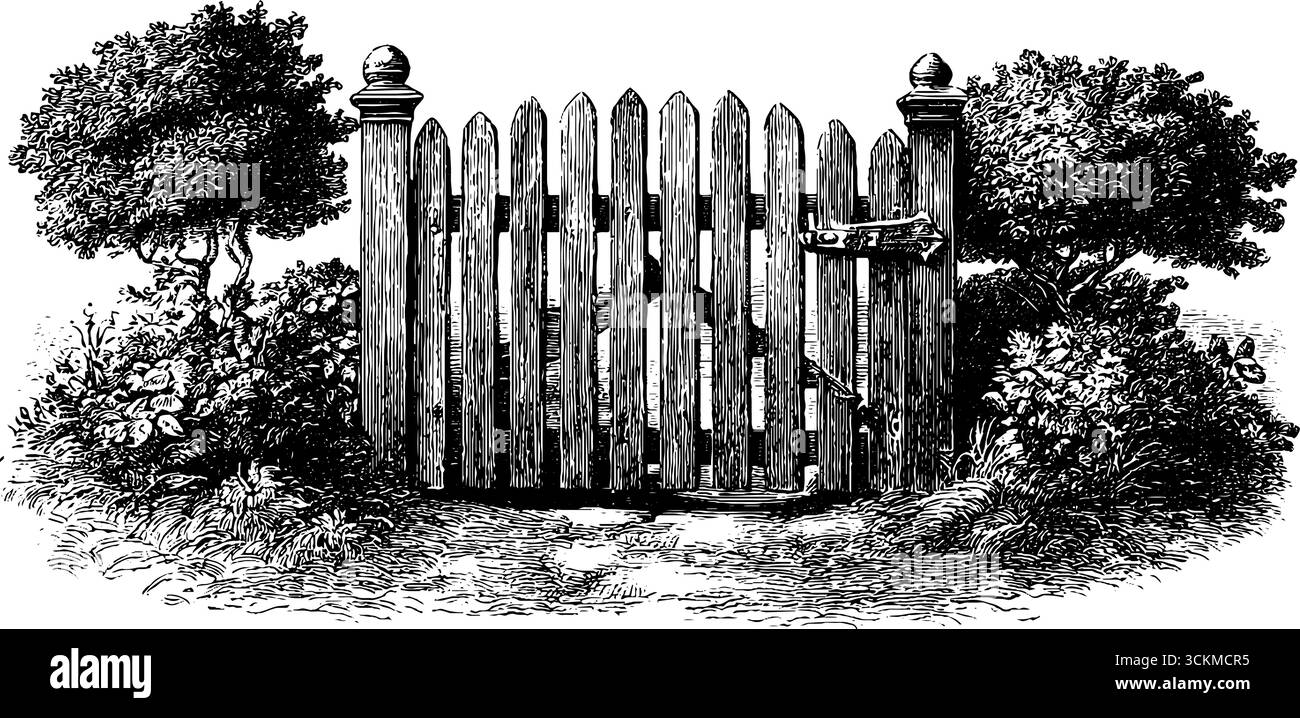 Vintage engraving of a wooden garden gate with lush foliage designs for ...