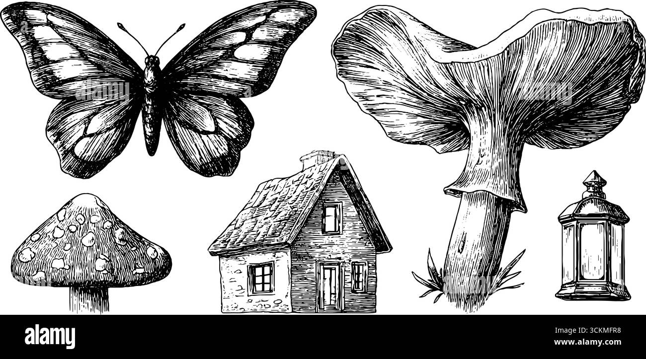 Enchanted forest elements featuring fairy wings, mushrooms, and cottage ...