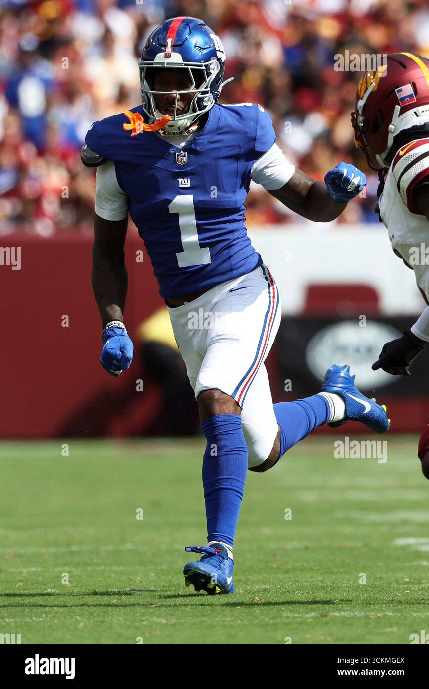 New York Giants wide receiver Malik Nabers (1) runs a route during an ...