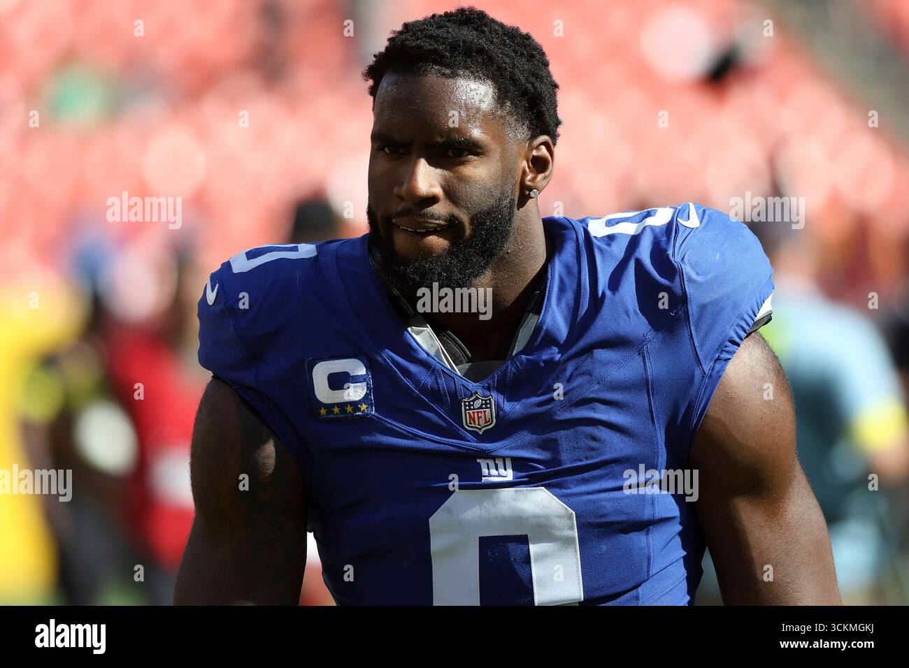 New York Giants linebacker Brian Burns (0) looks on after an NFL ...