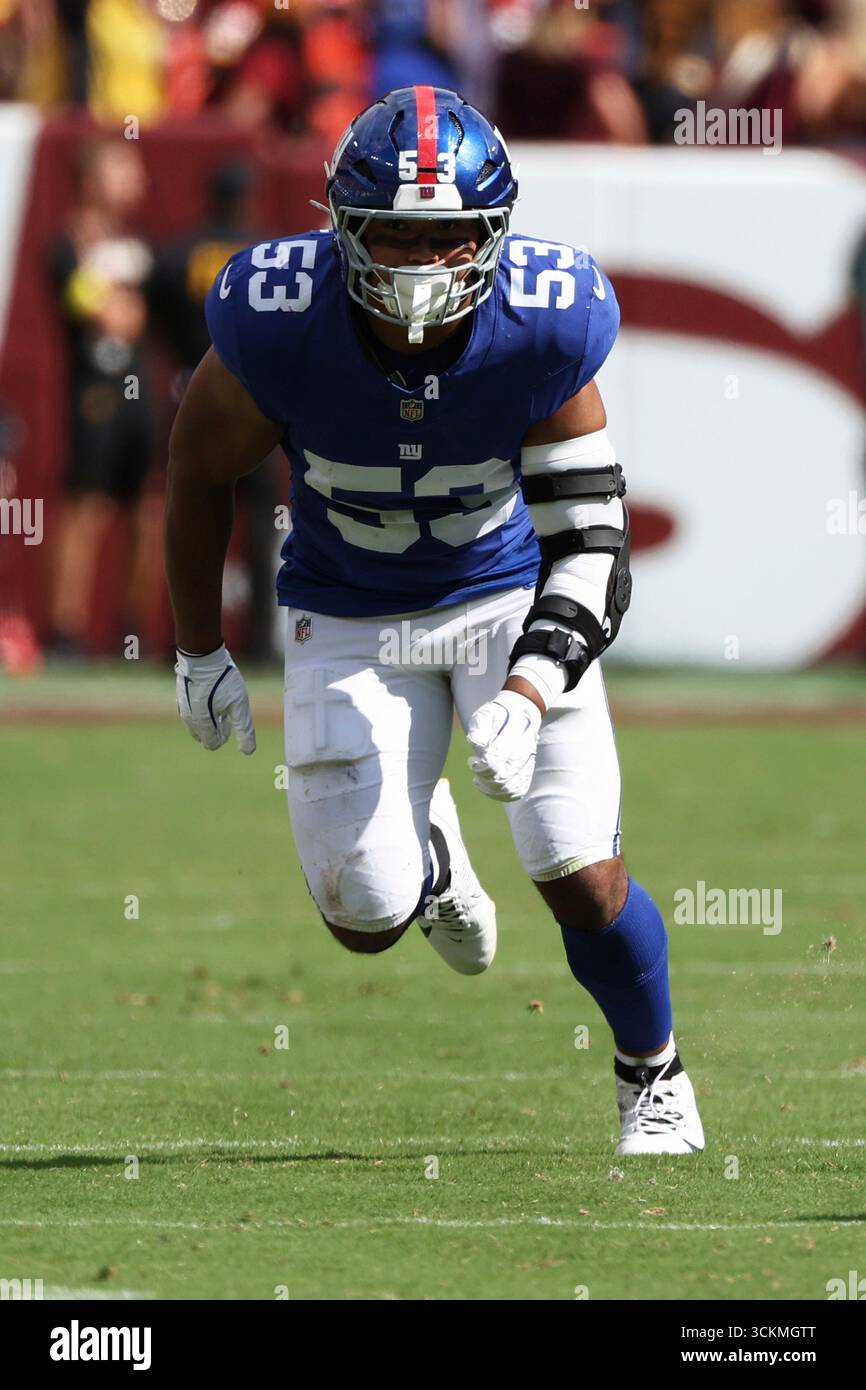 New York Giants linebacker Darius Muasau (53) rushes during an NFL ...